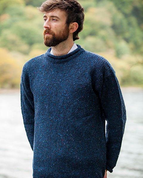Donegal Hand loomed Roll Neck Aran Blue Fleck – The Donegal Shop